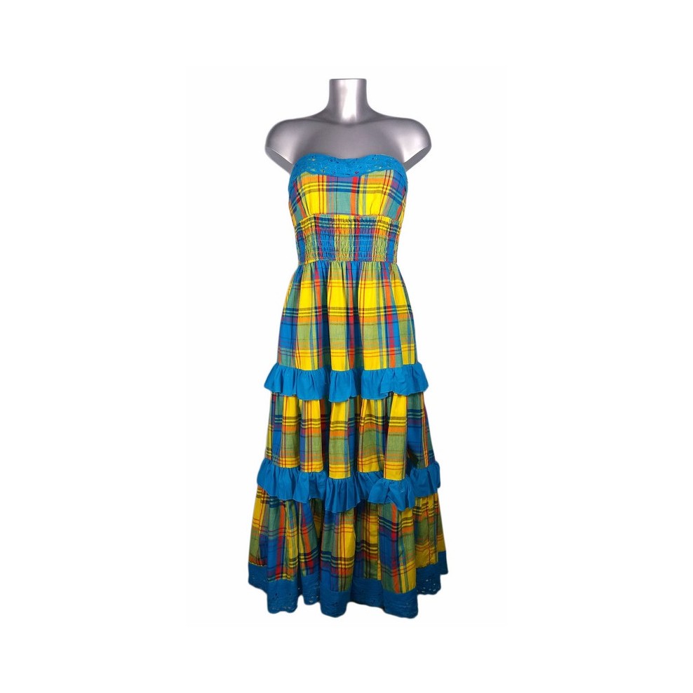 Robe Créole Bustier Broderie Anglaise Madras Bleu Et Jaune Melle