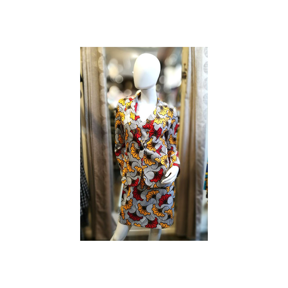 Veste Tailleur Wax Blanc Fleurs Rouges Et Jaunes Hippocampe Melle Boutique